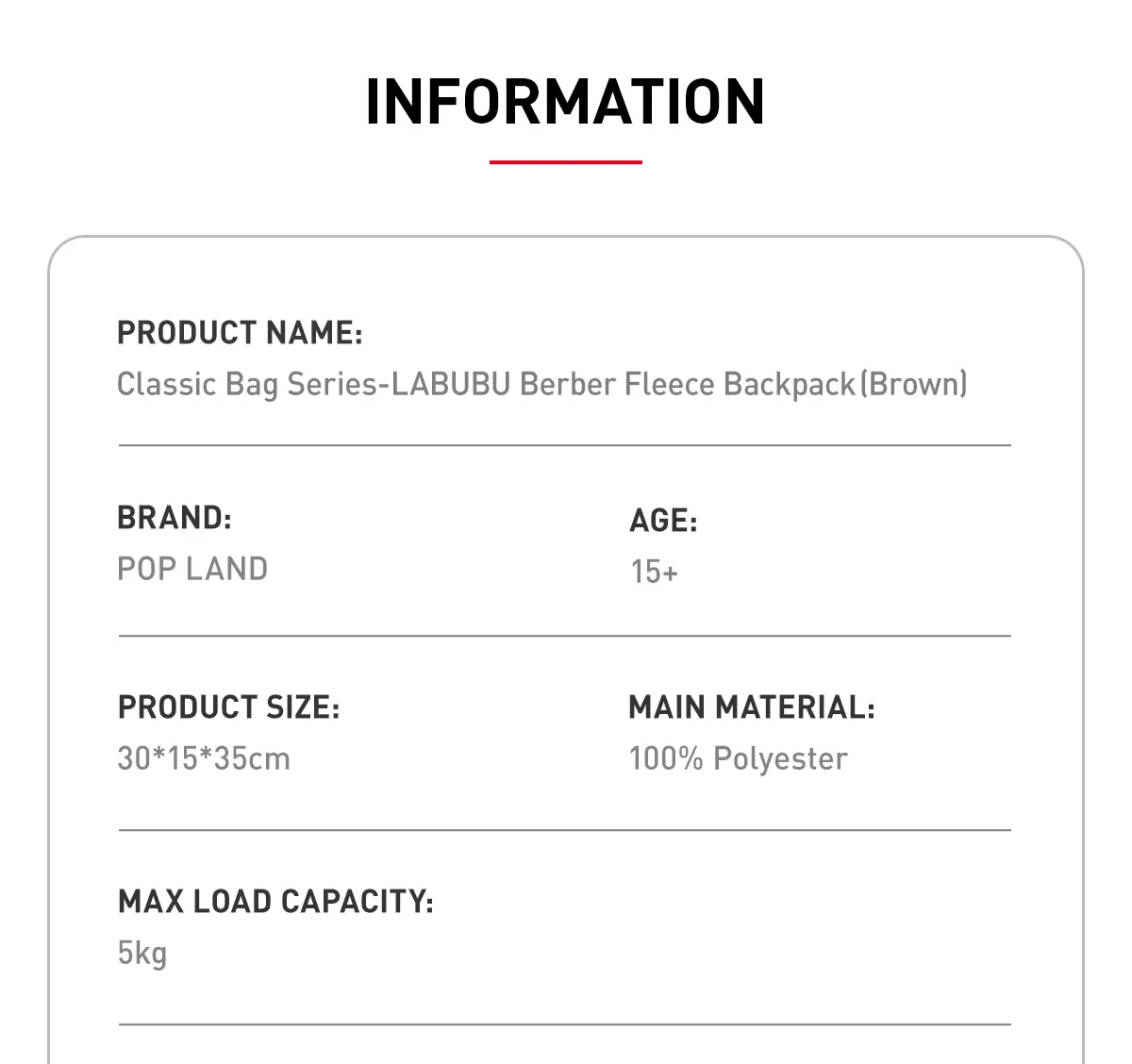 Classic Bag Series-LABUBU Berber Fleece Backpack (Brown) - POP MART (Italy)